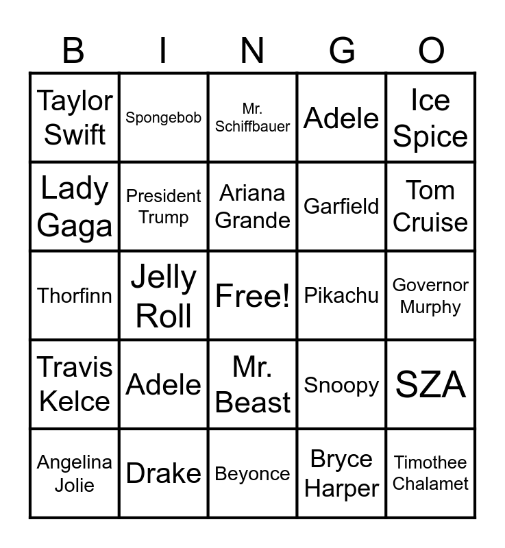 Celebrity Bingo Card