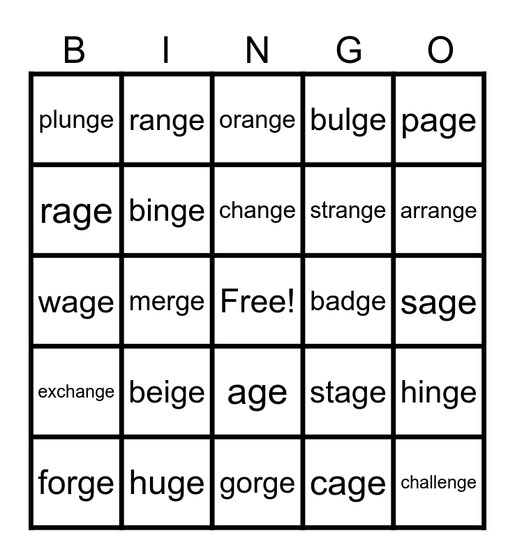 Lesson 61 - Words with _ge Bingo Card