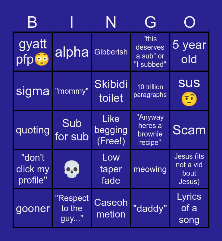 Youtube comments Bingo Card
