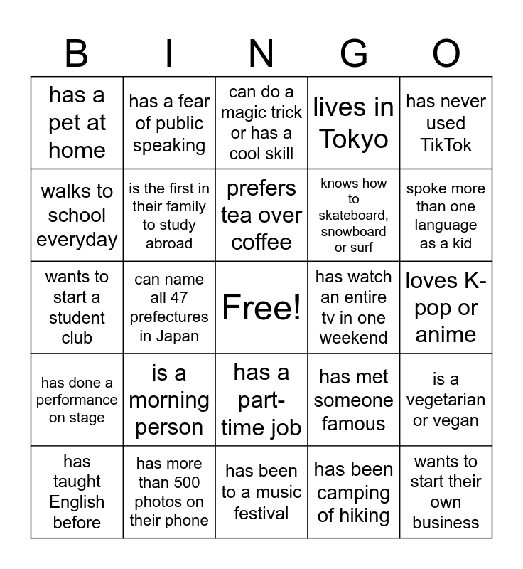 Human Bingo - Find a person who... Bingo Card
