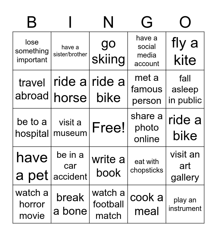 Bingo Present Perfect Bingo Card