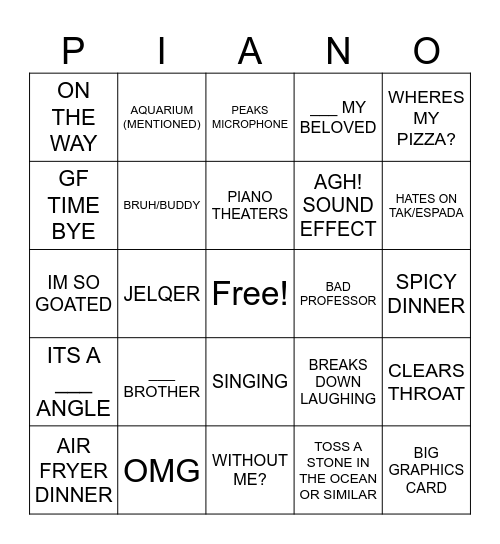 PIANO BINGO Card