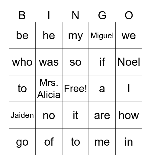 SIGHT WORD BINGO Card