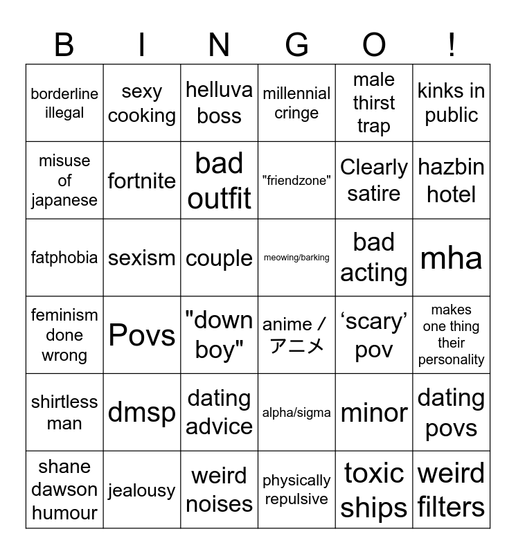 Tiktok cringe Bingo Card