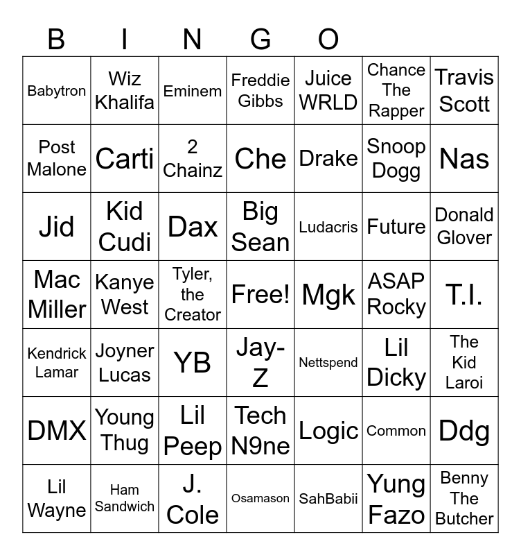 Rap Bingo Card