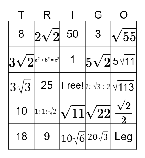 Pyth. Theorem/Special Right Triangles Bingo Card