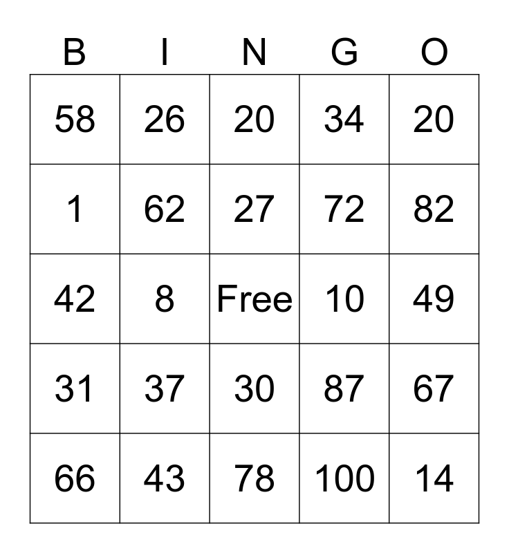 Numbers Bingo Card