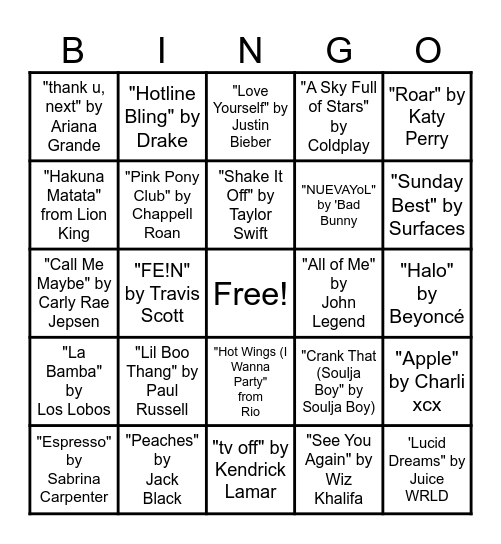 MUSICAL BINGO Card
