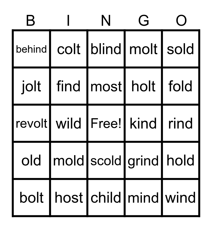 Lesson 72: Long VCC -ild,-old, -ing, --olt, -ost Bingo Card