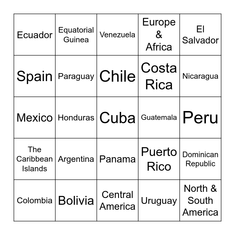Spanish Speaking Countries Bingo Card