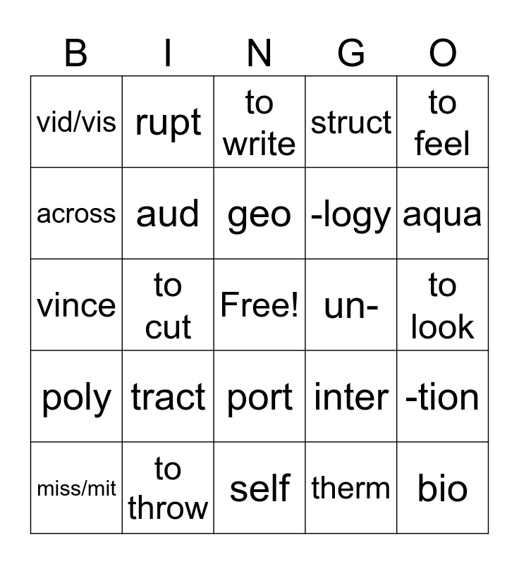Morphology BINGO Card