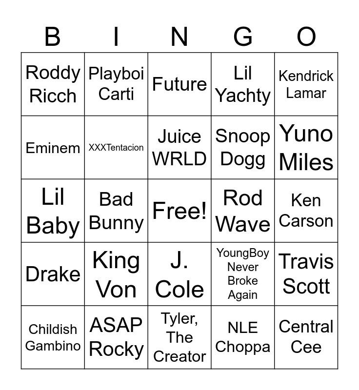 Rap Bingo Card