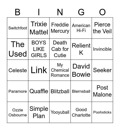 2000s Emo, Fiction Sports, & Lego Characters Bingo Card