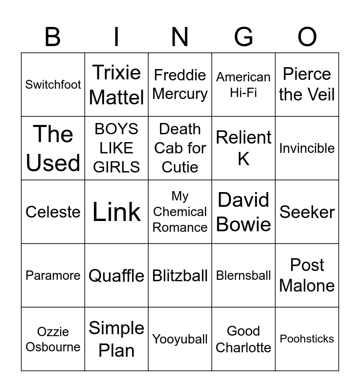 2000s Emo, Fiction Sports, & Lego Characters Bingo Card