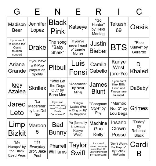 Unimaginative Music Loser Bingo Card