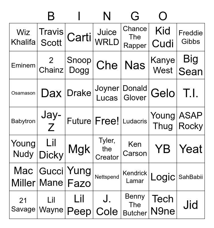 Rap Bingo Card