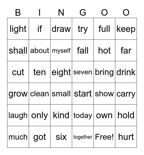 Dolche Sighwords 3rd Grade Bingo Card