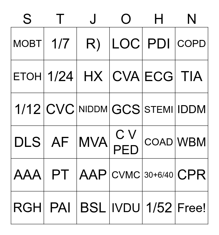 ACRONYMS/ABBREVIATIONS Bingo Card