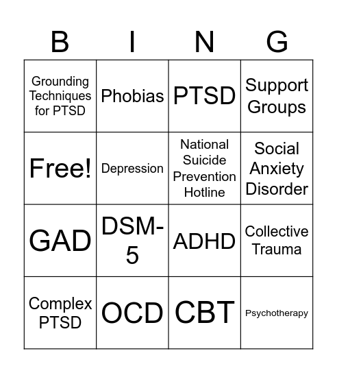 Mental Health + PTSD Bingo Card