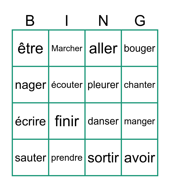 Les verbes Bingo Card