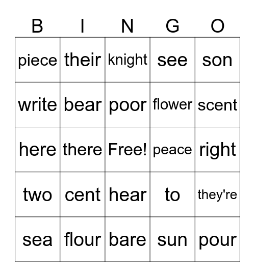 Homophones Bingo Card