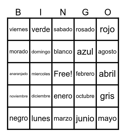 Spanish Days & Months Bingo Card