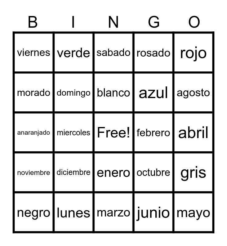 Spanish Days & Months Bingo Card