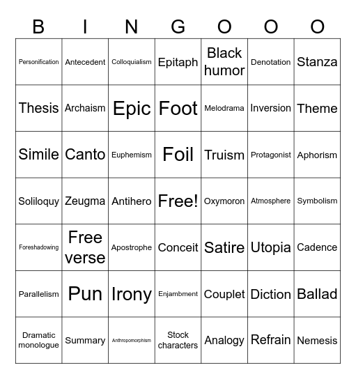 AP LIT VOCAB Bingo Card
