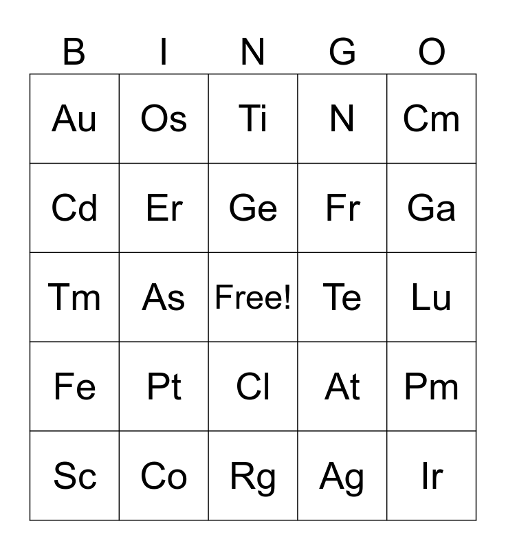 Elements Bingo Card