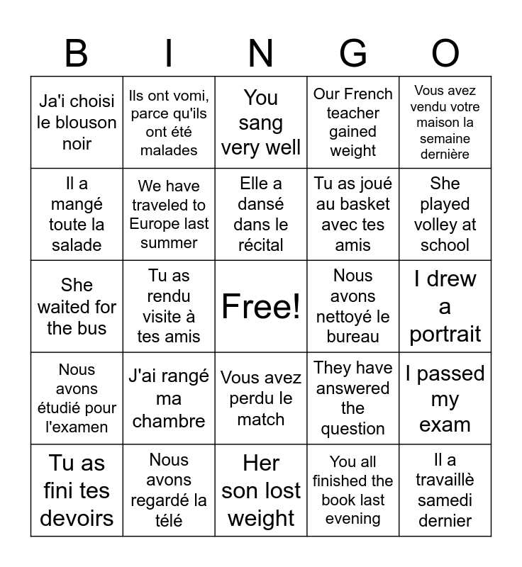 Passe compose Bingo Card