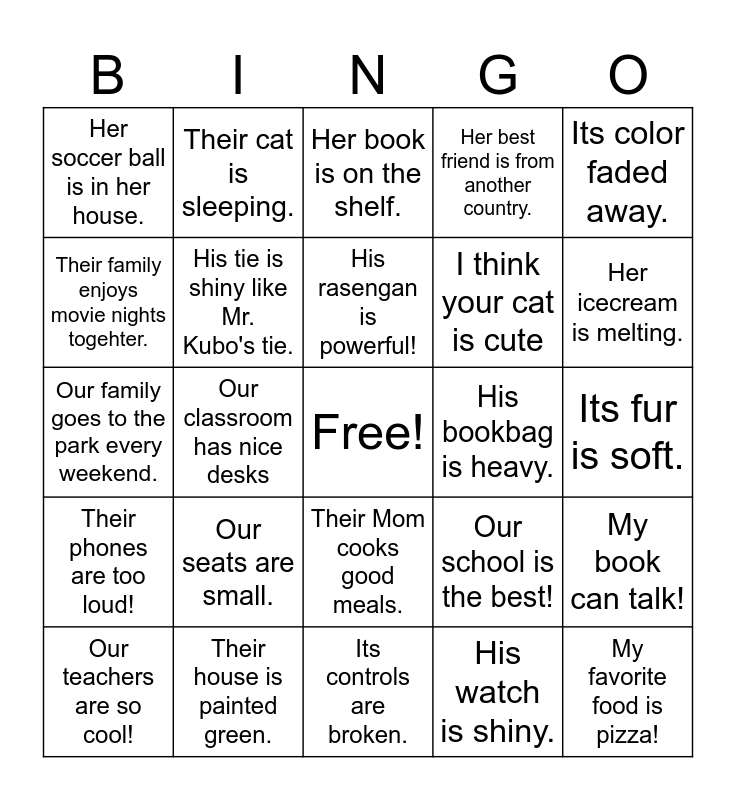 Possessive Adjectives Bingo Card
