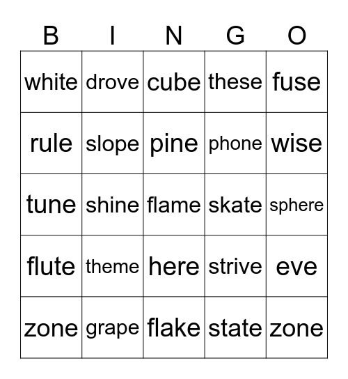 Silent "e" Bingo Card