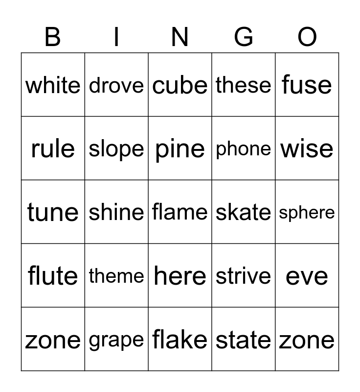 Silent "e" Bingo Card