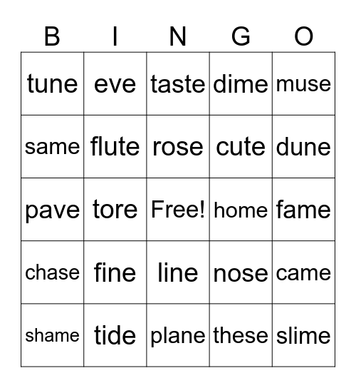 Long Vowel (Silent e) Bingo Card