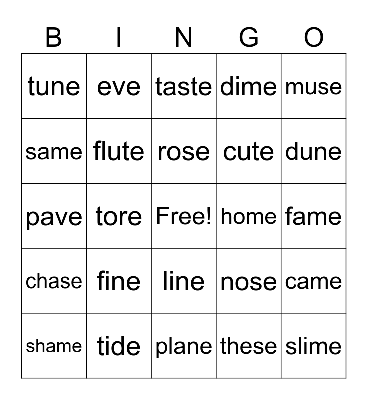 Long Vowel (Silent e) Bingo Card