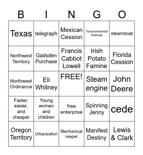 Westward Expansion & Industrialization Bingo Card