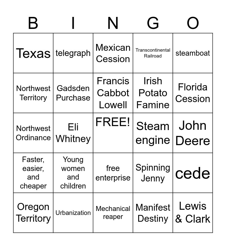 Westward Expansion & Industrialization Bingo Card