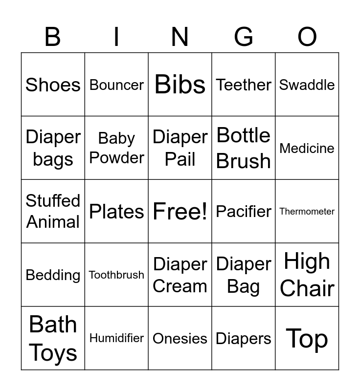 Baby Items Bingo Card
