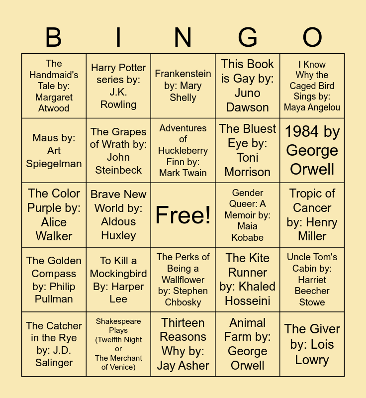 Banned Book Bingo Card