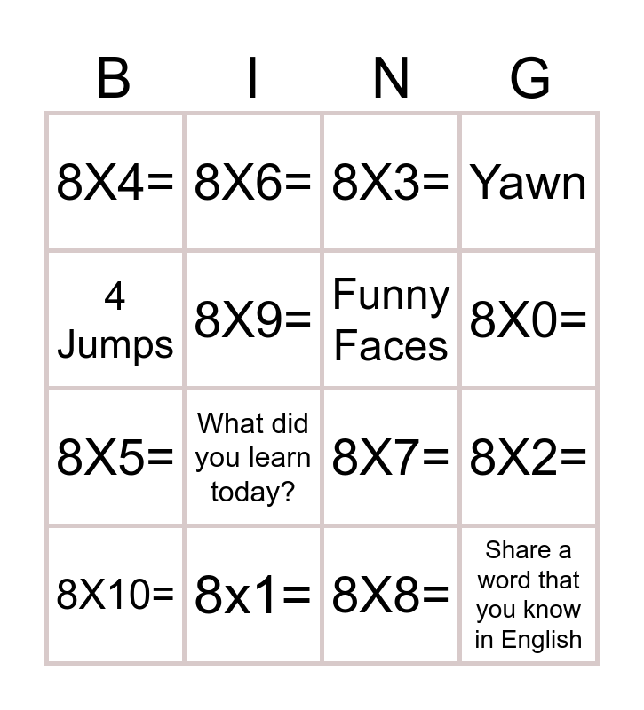8 times table Bingo Card
