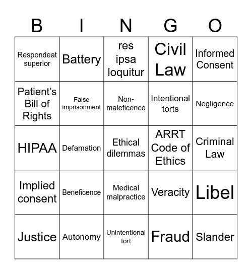 Ethics and Law Bingo Card