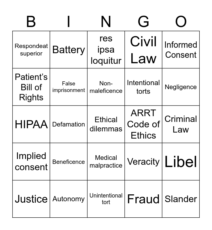 Ethics and Law Bingo Card