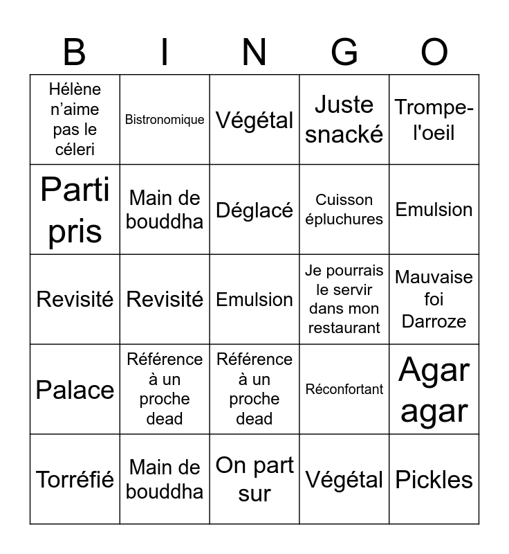 Top Chef Bingo Card