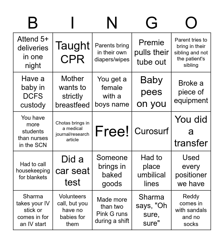 Special Care Nursery Badge Bingo Card