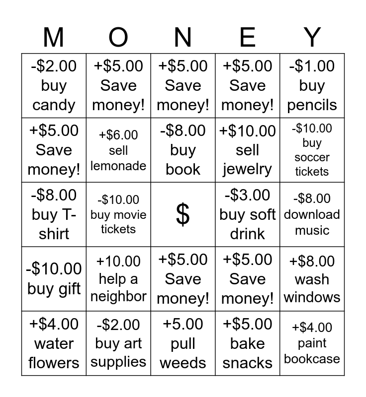 Earn, Save, Spend Bingo Card