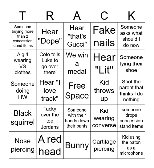Track Meet Bingo Card