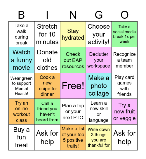 Mental Health Awareness Week BINGO Card