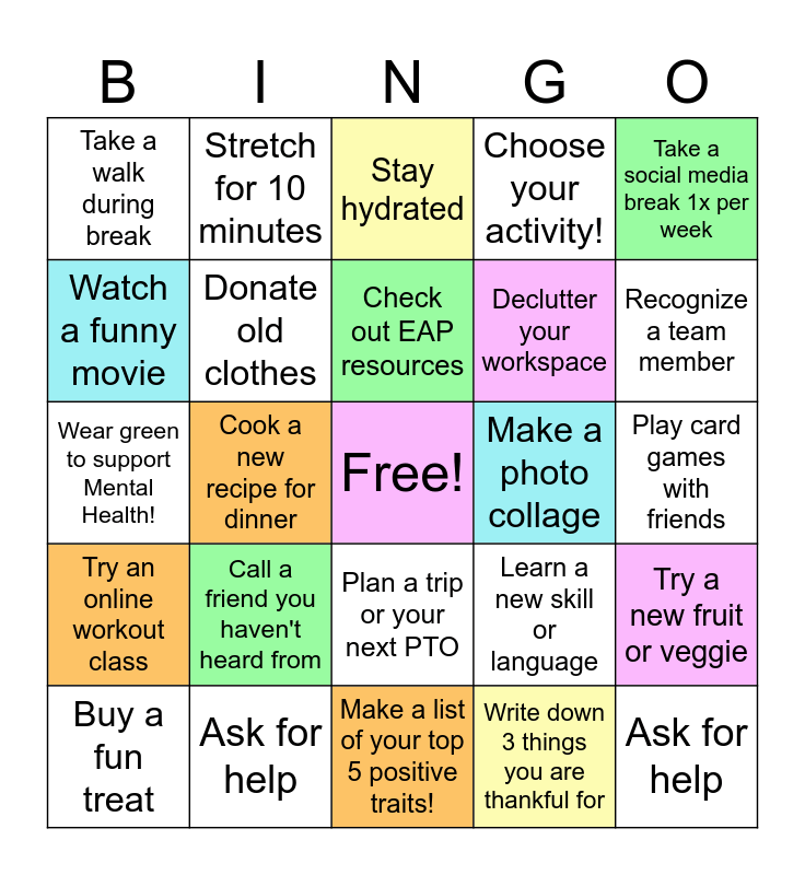 Mental Health Awareness Week BINGO Card