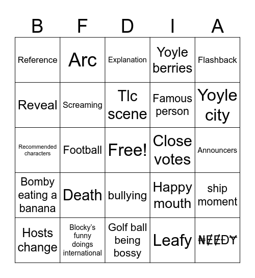 BFDIA 19 bingo Card