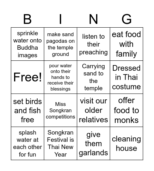Songkran Festival Bingo Card